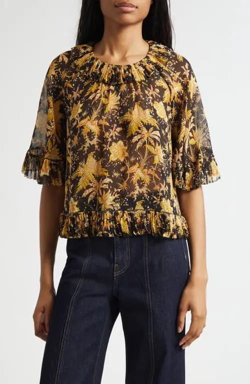 Ulla Johnson Helaine Botanical Print Metallic Flutter Sleeve Silk Blend Top