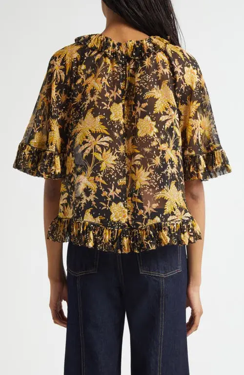 Ulla Johnson Helaine Botanical Print Metallic Flutter Sleeve Silk Blend Top