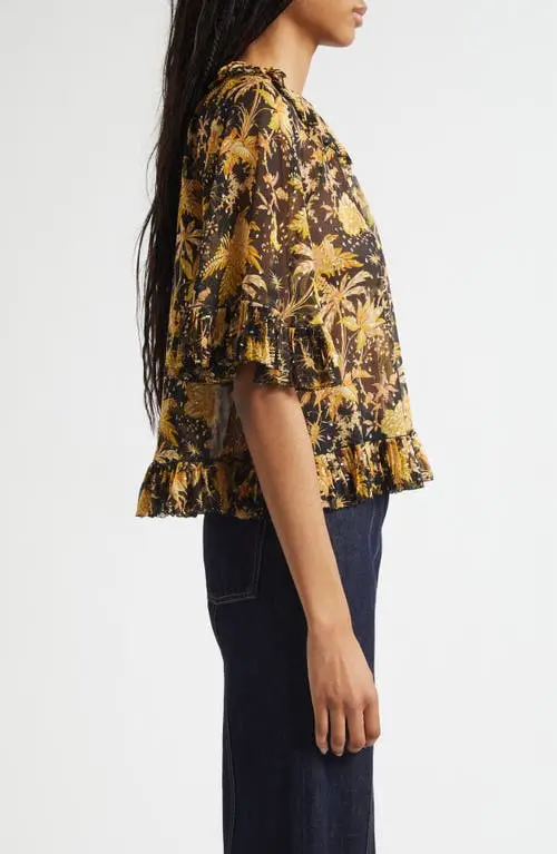 Ulla Johnson Helaine Botanical Print Metallic Flutter Sleeve Silk Blend Top