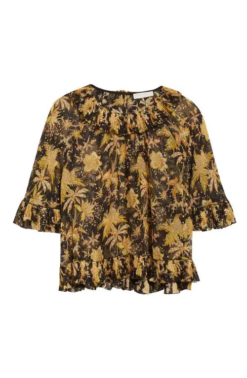 Ulla Johnson Helaine Botanical Print Metallic Flutter Sleeve Silk Blend Top
