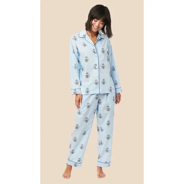 THE CAT'S PAJAMAS Luxe Pima Pajama Set Conversational - Queen Bee Blue