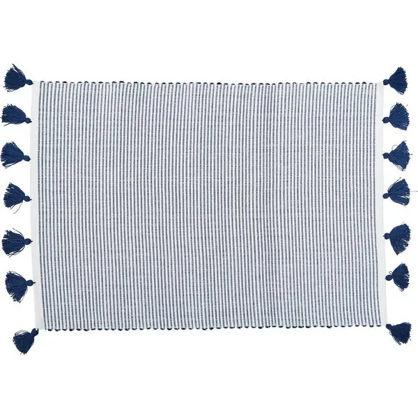 CAROL & FRANK Brett Striped 100% Cotton Chambray Set Of 4 Tassel Placemats 14" X 20 - Blue