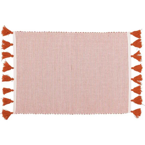 CAROL & FRANK Brett Striped 100% Cotton Chambray Set Of 4 Tassel Placemats 14" X 20 - Orange