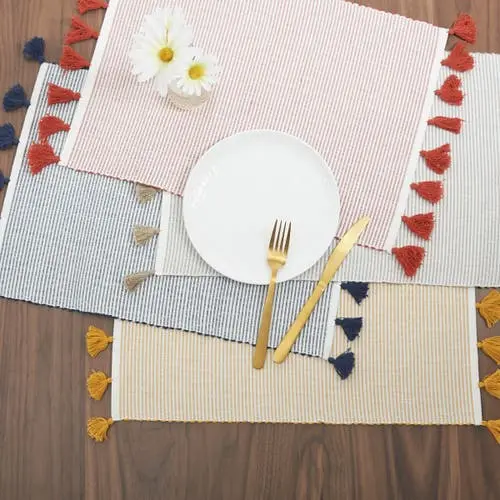 CAROL & FRANK Brett Striped 100% Cotton Chambray Set Of 4 Tassel Placemats 14" X 20 - Orange