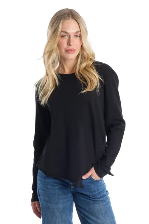 WILT CLOTHING Long Sleeve Asymmetrical Hem Tee With Button Detail - Black