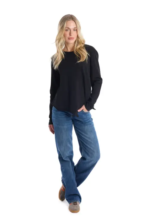 WILT CLOTHING Long Sleeve Asymmetrical Hem Tee With Button Detail - Black