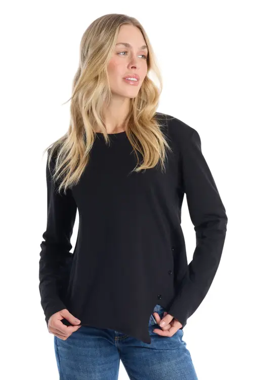 WILT CLOTHING Long Sleeve Asymmetrical Hem Tee With Button Detail - Black