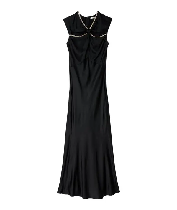 Sandro Satin Maxi Dress With Rhinestone Belt