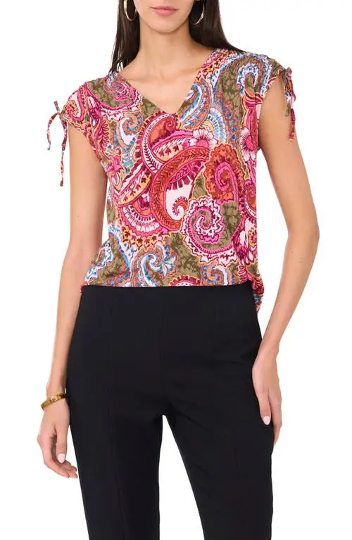 Chaus Paisley Knit Top With Drawstring Sleeves
