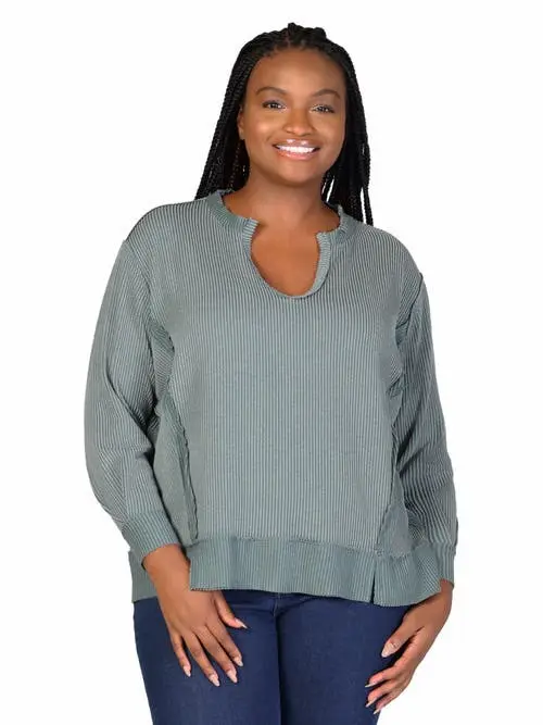 24SEVEN COMFORT APPAREL Relaxed Fit Ribbed Knit V-neck Sweatshirt Top