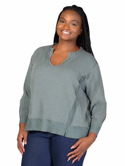24SEVEN COMFORT APPAREL Relaxed Fit Ribbed Knit V-neck Sweatshirt Top