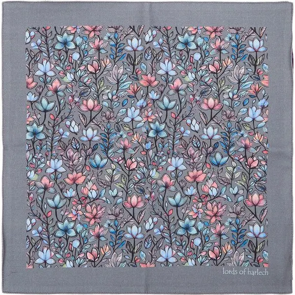 LORDS OF HARLECH Hudson Merino Wool Handkerchief Pocket Square - Mystic Floral Grey