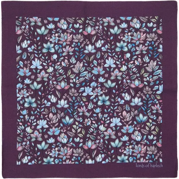 LORDS OF HARLECH Hudson Merino Wool Handkerchief Pocket Square - Mystic Floral Plum