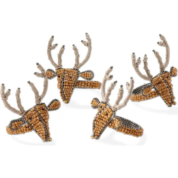 TAG Reindeer Wood Beaded Napkin Ring Set Of Four Rustic Decor - Brown