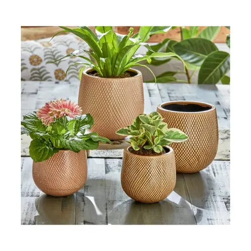 TAG Cross Hatch Small Planter Taupe Glazed Stoneware