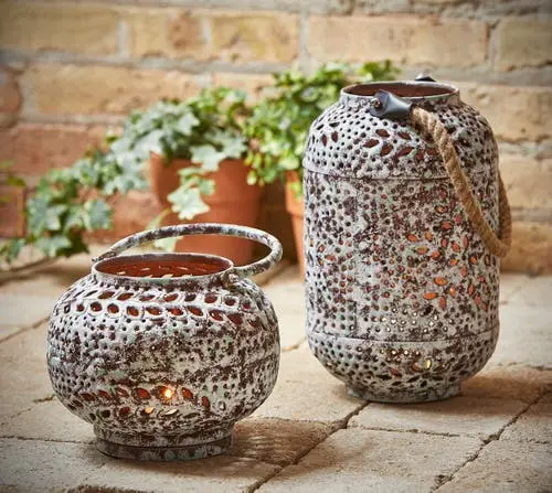 TAG Sula Hand Pierced Round Lantern Candle Holder Patina Iron