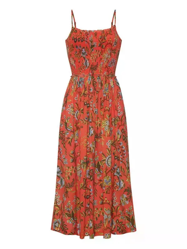 Cara Cara Carmen Ruffled-trim Smocked-panel Midi Dress - Orange