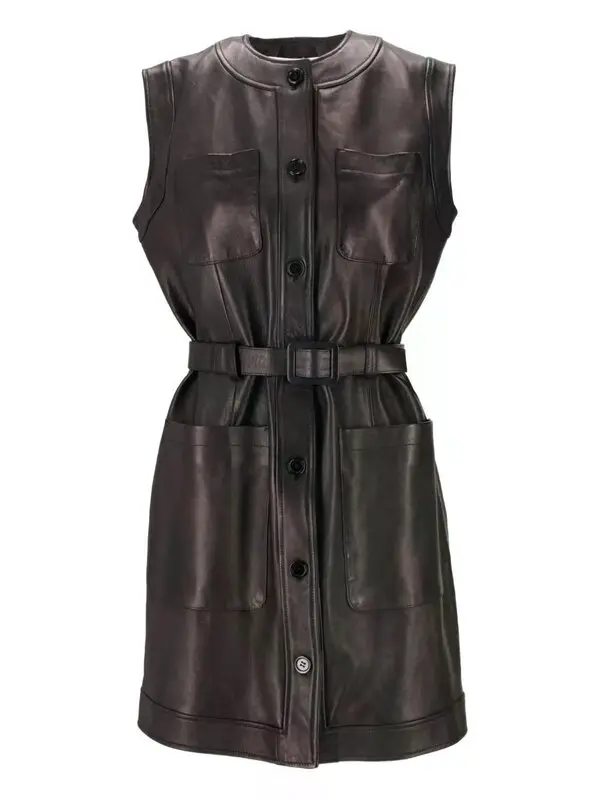 LA ROSE Buttoned Belted Leather Dress - Black