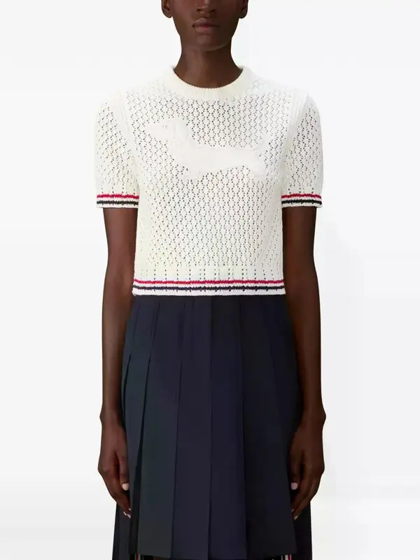 Thom Browne Cotton Pointelle Knit Dog Motif Tee - White