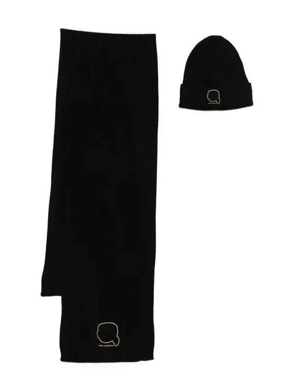 Karl Lagerfeld Ribbed Beanie And Scarf Set - Black
