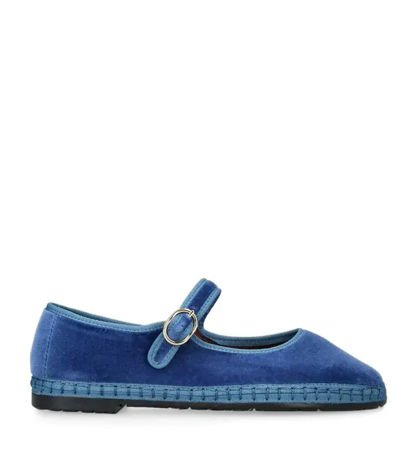 FLABELUS Velvet Alexandra Mary Jane Flats - Blue