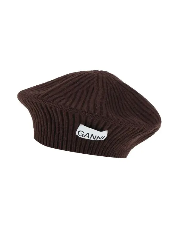 GANNI Knitted Beret With Brand Logo - Brown
