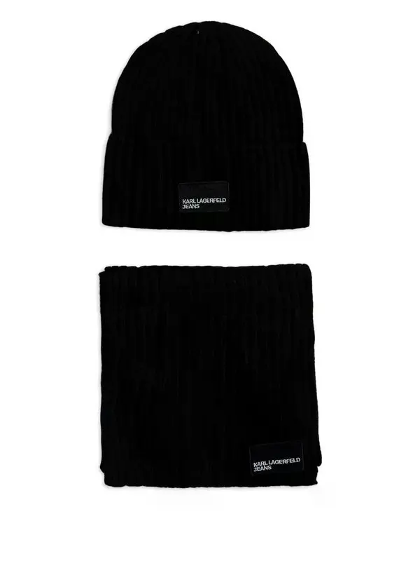 Karl Lagerfeld Ribbed Logo-patch Beanie Hat Set - Black