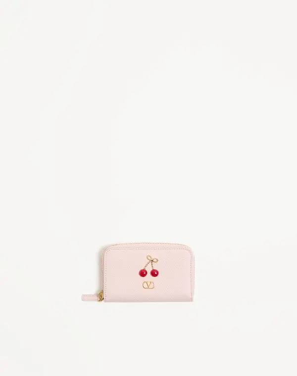 Valentino Garavani Cherryfic Mini Zip Wallet In Grainy Calfskin - Rose Quartz