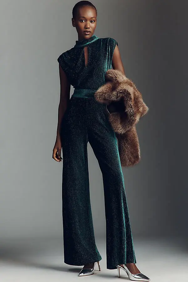 Saylor Marion Velvet Sparkle Jumpsuit - Emerald Green