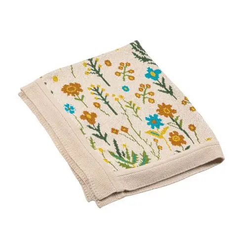 STORIED HOME Cotton Knit Baby Blanket With Florals - Cream