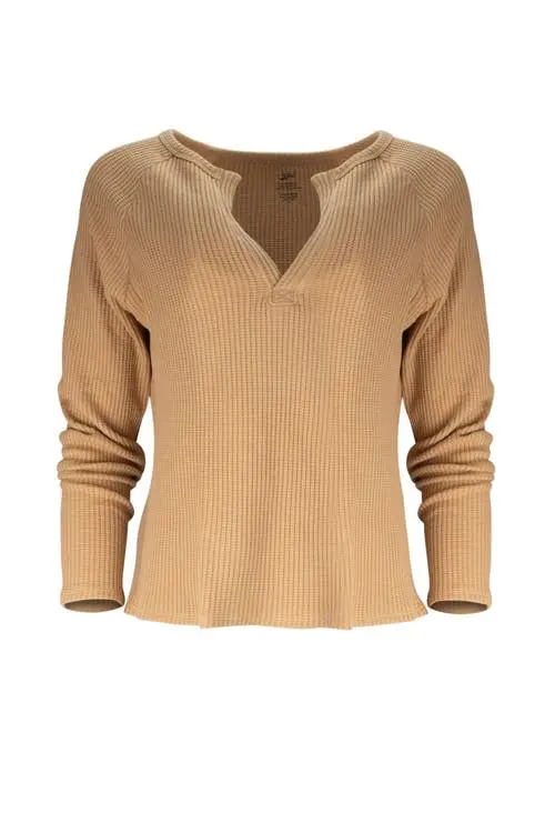 LEZAT Jules Waffle Knit Organic Cotton V-neck Pullover - Iced Coffee