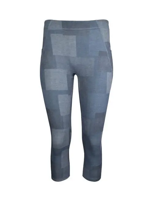 LEZAT Mae Organic Cotton High Waisted Capri Legging - Denim Patchwork