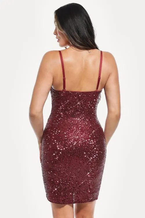POPILUSH Sequin Cowl Neck Sculpting Mini Dress - Mahogany Red