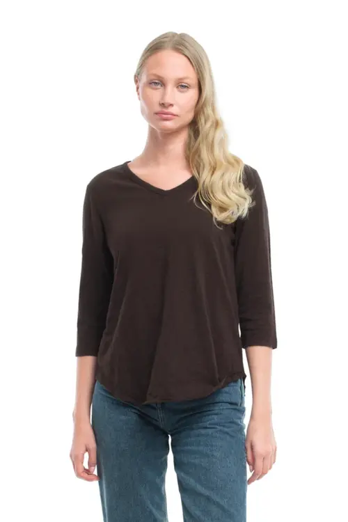 WILT CLOTHING 3/4 Sleeve V-neck Shirttail Tee With Raw Hem - Chocolate Torte