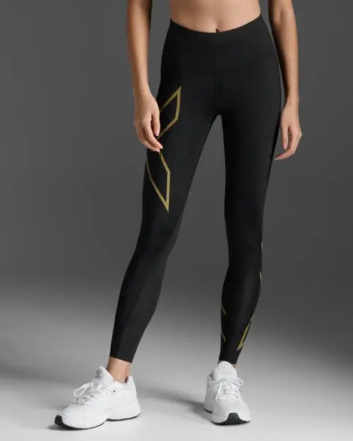 2xu Light Speed Mid-rise Compression Tights - Black/gold Reflective