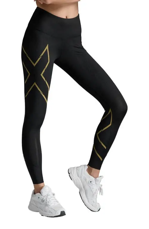 2xu Light Speed Mid-rise Compression Tights - Black/gold Reflective