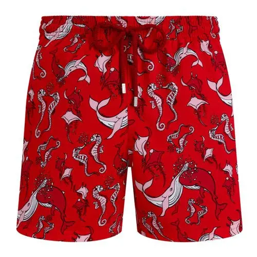 Vilebrequin Stretch Short Swim Shorts With Whales Love Print - Poppy Red