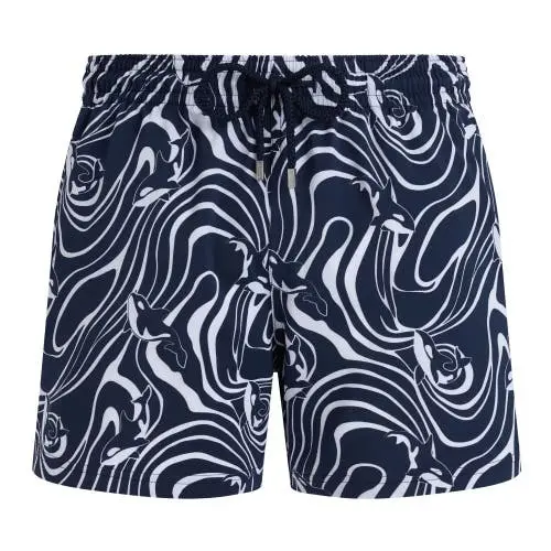Vilebrequin Orcas Waves Print Stretch Swim Shorts - Navy