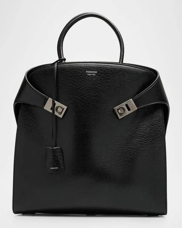 FERRAGAMO Hug Tote Bag In Washed Calfskin - Nero