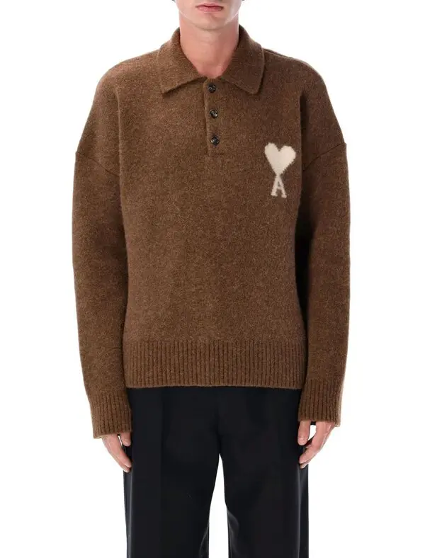 Ami Wool Polo Sweater With De Coeur Logo - Brown