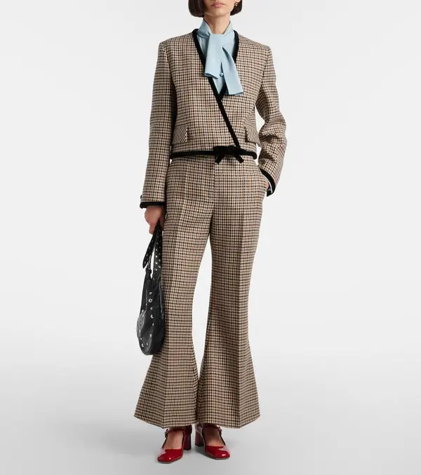 Valentino Garavani Houndstooth Cropped Virgin Wool Flared Pants