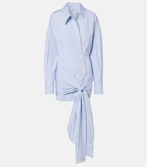 Attico Gathered Striped Cotton Shirt Dress - Blue