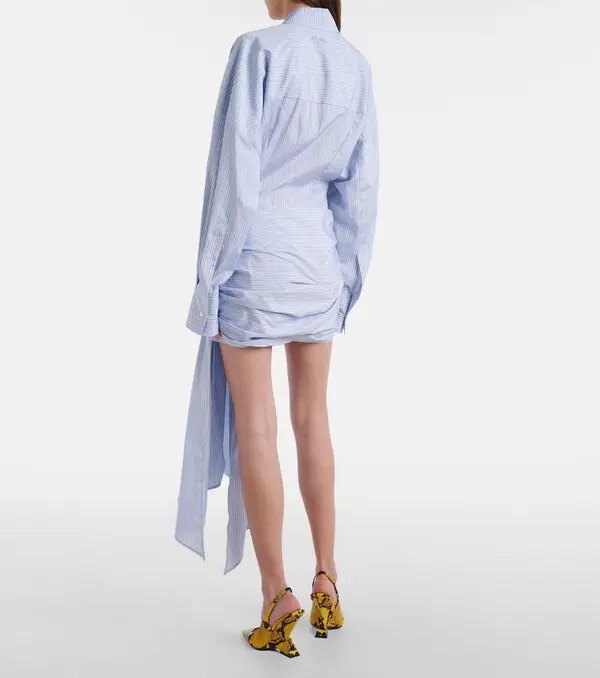 Attico Gathered Striped Cotton Shirt Dress - Blue