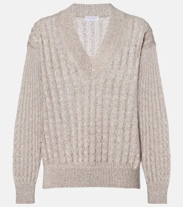 Brunello Cucinelli Sequined Linen-blend V-neck Sweater - Beige