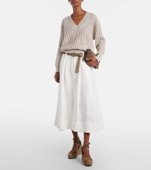 Brunello Cucinelli Sequined Linen-blend V-neck Sweater - Beige