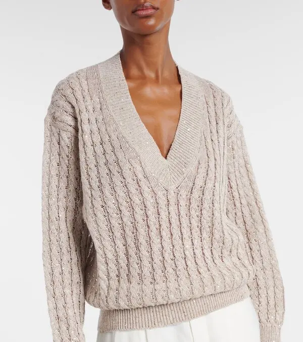 Brunello Cucinelli Sequined Linen-blend V-neck Sweater - Beige