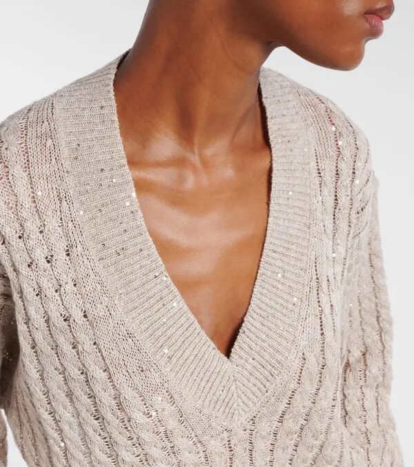 Brunello Cucinelli Sequined Linen-blend V-neck Sweater - Beige