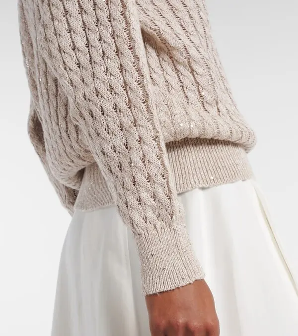 Brunello Cucinelli Sequined Linen-blend V-neck Sweater - Beige