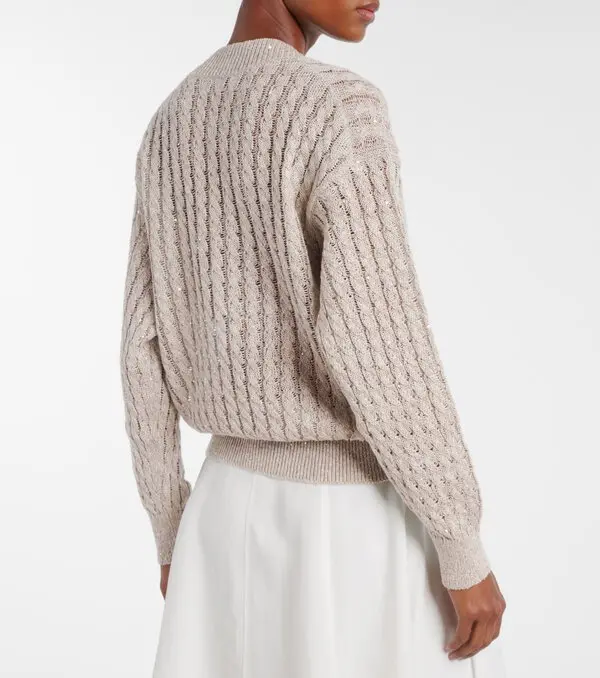 Brunello Cucinelli Sequined Linen-blend V-neck Sweater - Beige