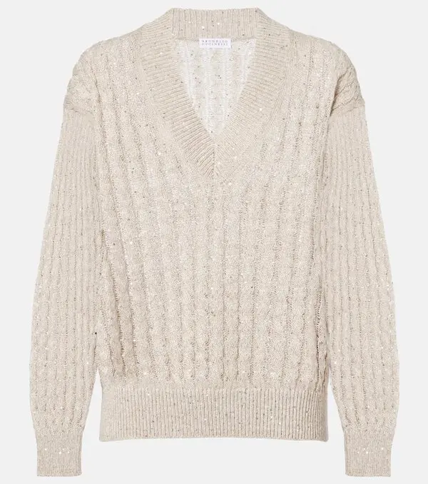 Brunello Cucinelli Sequined Linen-blend V-neck Sweater
